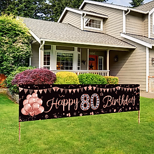 Happy 80th Birthday Banner Decorations for Women, Rose Gold 80 Birthday Sign Party Supplies, 80 year old Theme Bday Photo Poster Decor for Outdoor Indoor