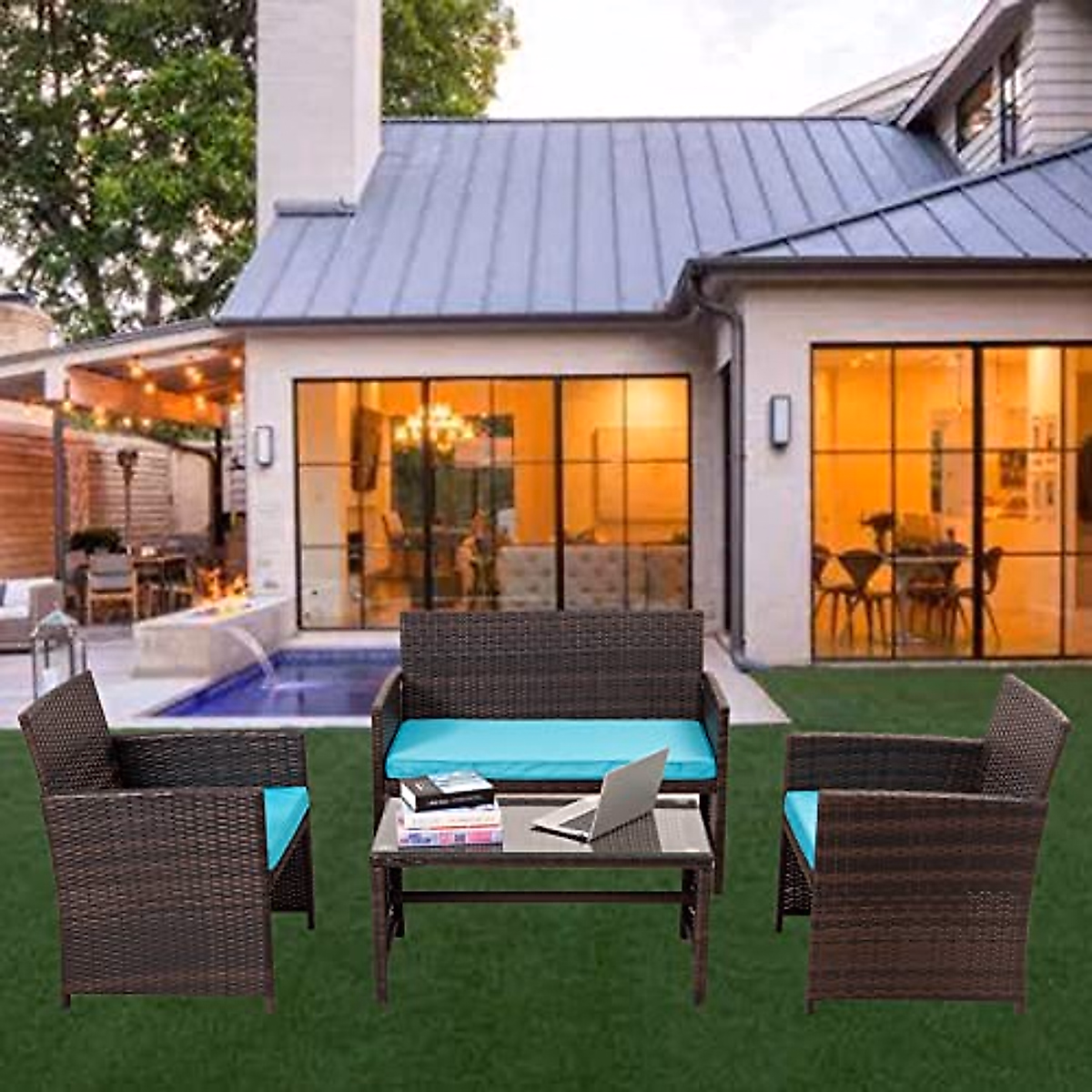 FAYEAN Patio Furniture Set 4 Pieces Outdoor Wicker Rattan Chairs Patio Sofa for Garden Porch Backyard Lawn Pool Green