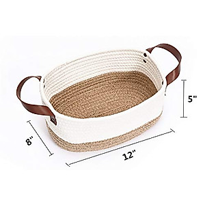 ZFRXZ Small Cotton Rope Basket with Handles, Oval Woven Basket Diaper Caddy, Storage Bins Toy Organizer, Baby Basket (White-Jute, 12"×8"×5")