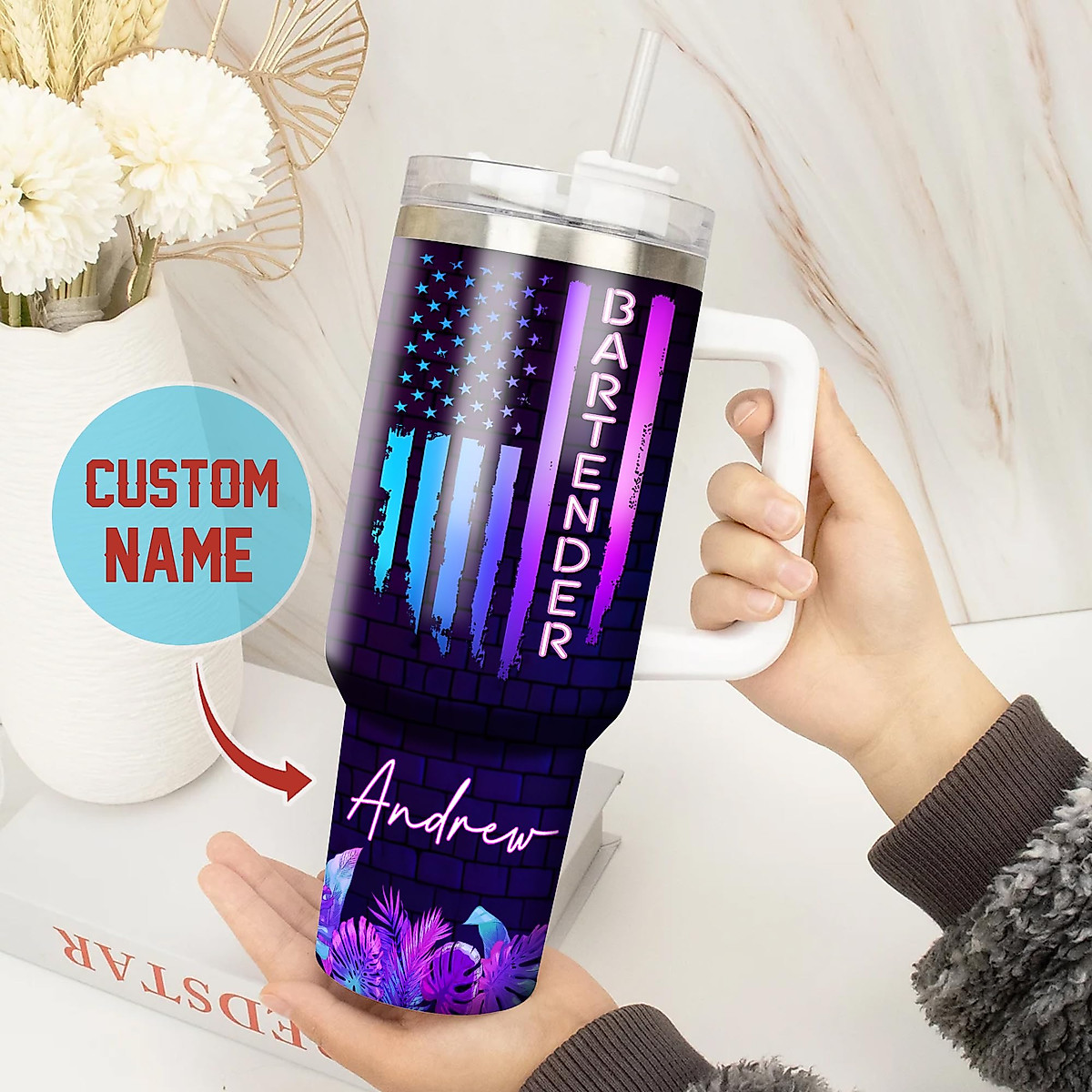 WAZONE Personalized Bartender Insulated Coffee Tumbler with Handle 40oz Gifts Birthday For Bartenders Her Women Barman Stainless Steel Tropical Amerian Flag Mixologist Travel Mug