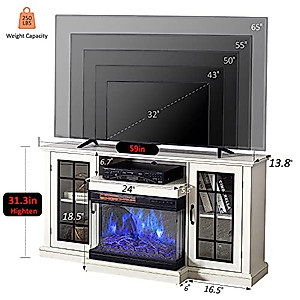 Amerlife 3-Sided Glass Fireplace TV Stand for TVs up to 65", Modern Media Entertainment Center Console Table with Glass Door Closed Storage, Distressed White