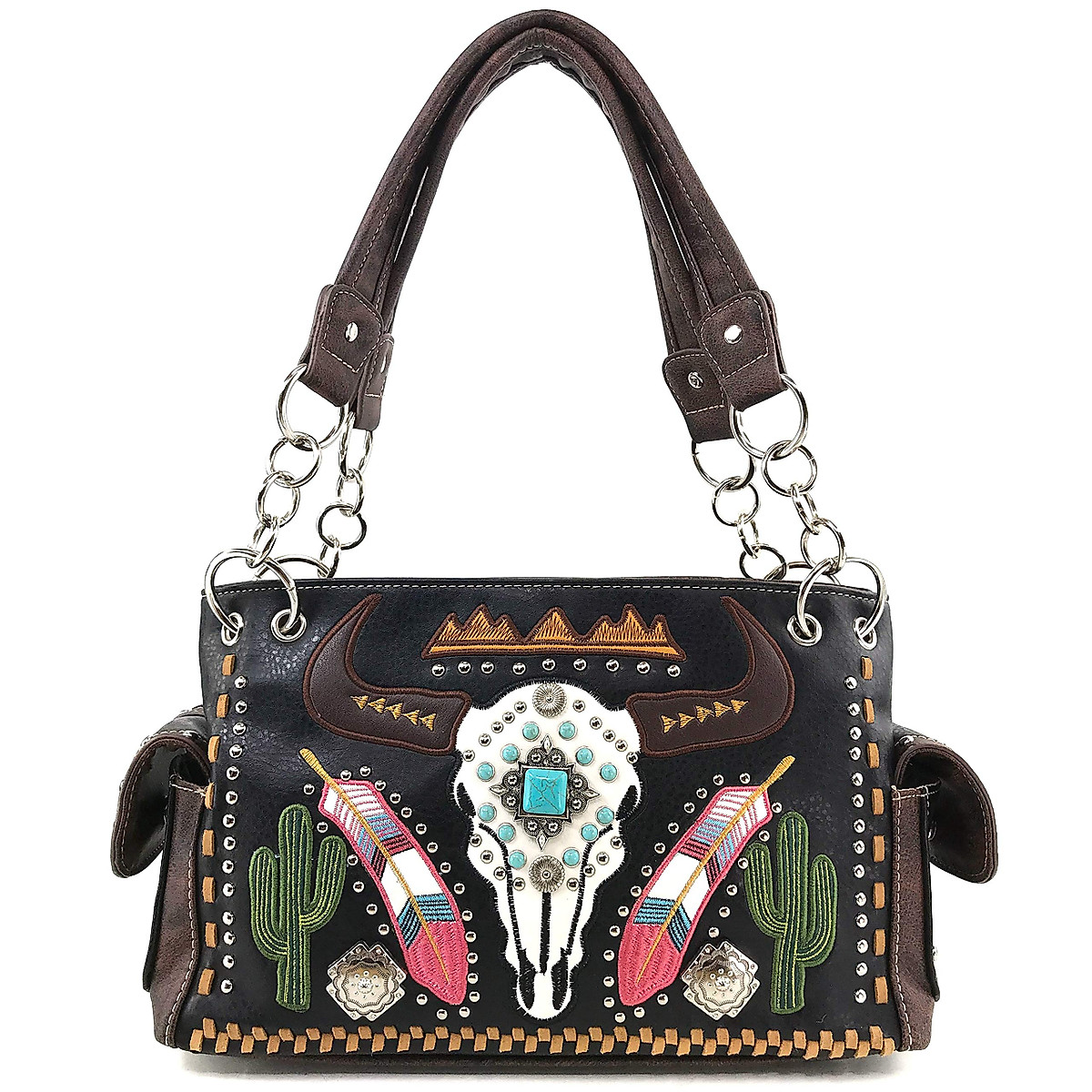 Zelris Longhorn Skull Embroidered Feather Cactus Design Women Conceal Carry CCW Shoulder Handbag Purse (Black)