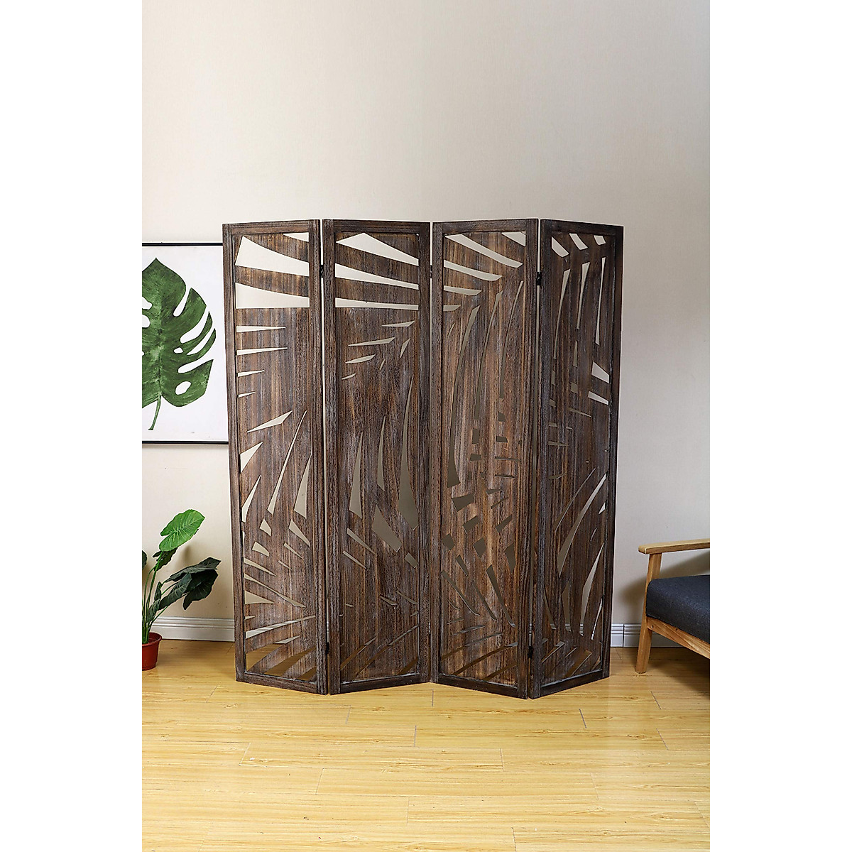 Proman Products Palm Spring 4-Panel Folding Screen Room Divider FS17151 Made in Natural Paulownia Wood, Carbonized Finish, 60" W x 67" H x 1" D (Max Extend), 15" W x 67" (Per Panel), Smoked Brown