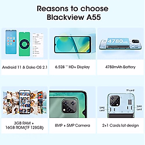 Mobile Phone, Blackview A55, 4G Dual SIM Cell Phone Unlocked Android 11, 3GB+16GB ROM Storage 128GB Expandable Unlocked Phones, 4780mAh Battery, 6.5" HD + Face ID Unlock, T-Mobile Unlocked Smartphones