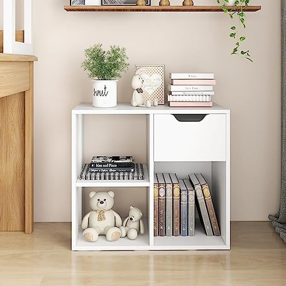 Giantex 3 Cube Bookcase with Drawer White, 21" Wooden Floor Standing Storage Organizer w/Open Storage Cabinet, Freestanding Display Shelf for Bedroom Living Room Kid’s Playroom Reading Nook (1)