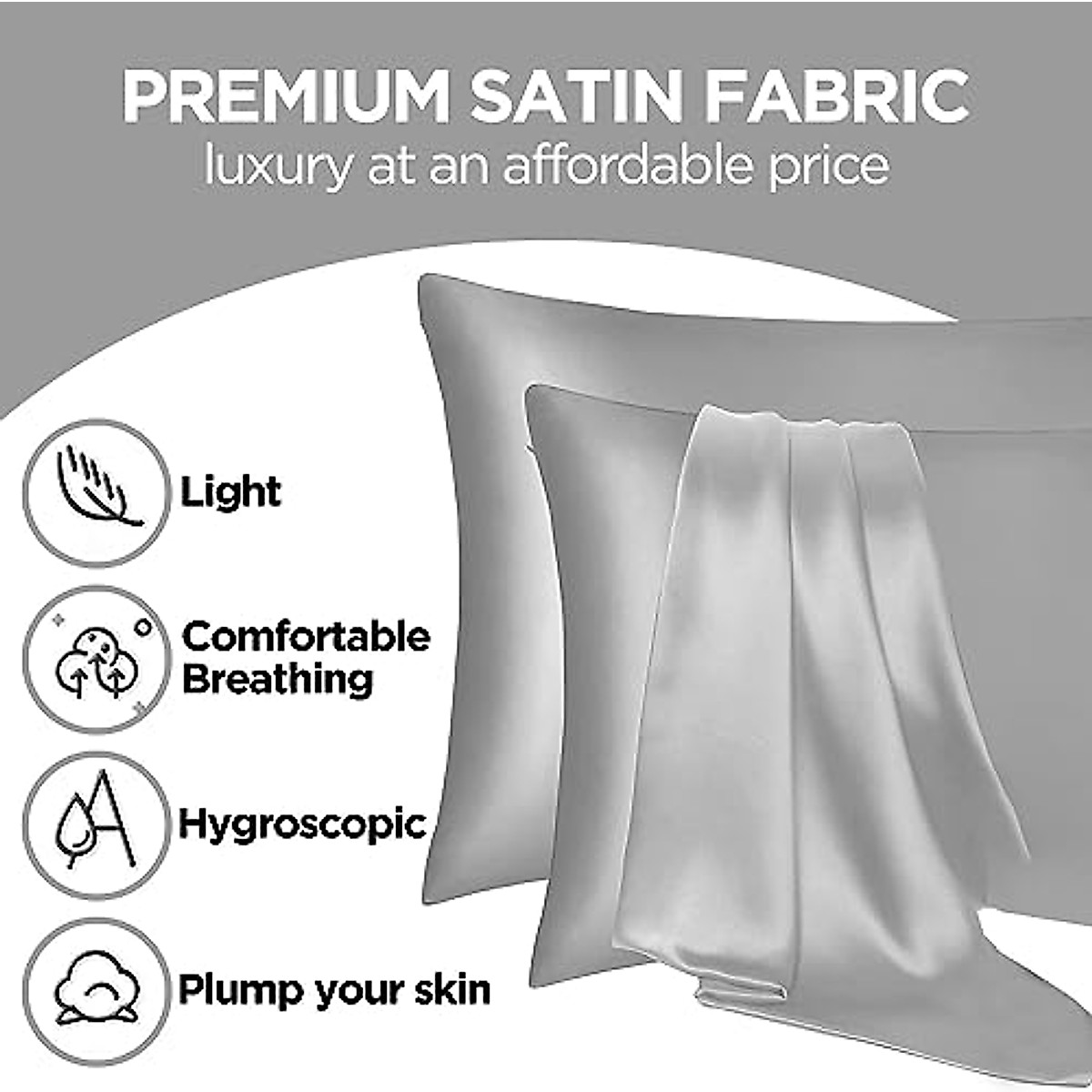 Satin Pillowcases Set of 2 - Mulberry Silk Pillowcase for Hair and Skin, Soft, Smooth, Anti Acne, Beauty Sleep Silk Pillow Cases Covers with Zipper Gifts for Women Men (King（20"X 36"）, Gray)