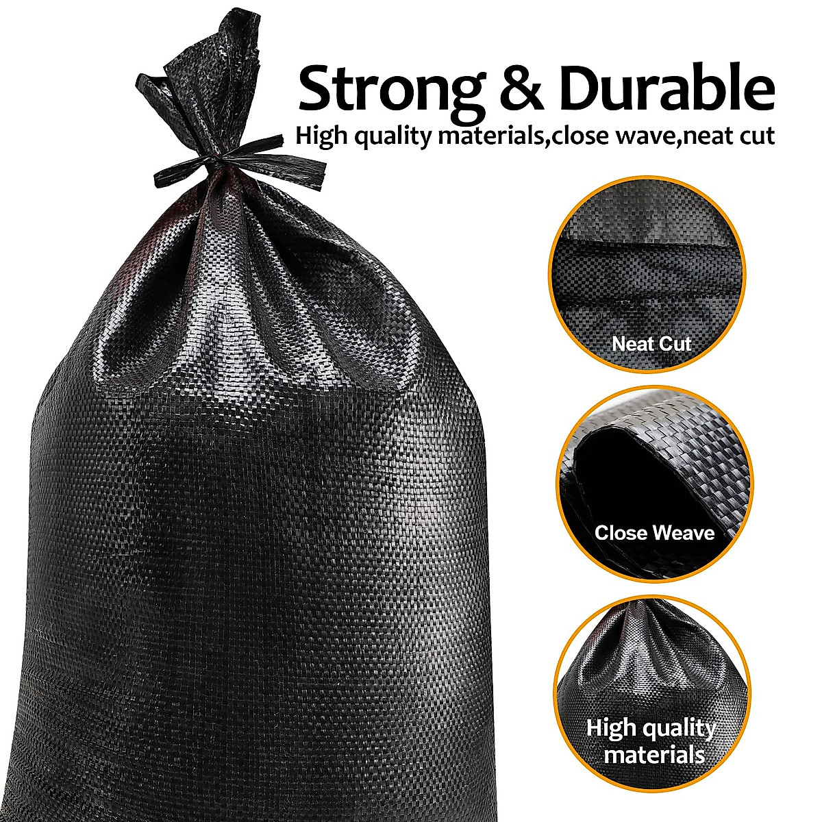 ASKIZ Heavy Duty Sand Bags Empty Woven Sand Bags with Tie Strings with 1600 Hours of UV Protection Polypropylene Sand-Bags - 16" x 25.5" Ultra Tough Sandbags for Hurricane Flooding (Black 50 Bags)