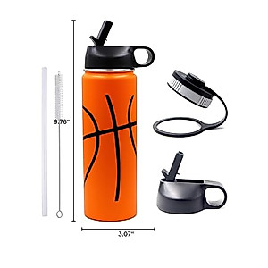 22 oz Basketball Water Bottle, Metal Thermo Bottle with 2 Lids 18/8 Stainless Steel Tumbler Double Wall Vacuum Insulated Flask for Gym, Travel, Sports (22oz, Basketball)