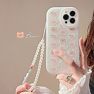 LOLAGIGI for iPhone 13 Case Pink Heart Peach Bear Cute Shell Pattern Kawaii Cartoon Girly Print Design Aesthetic for Women Girls TPU Case with Lovely Peal Charm Lanyard Beaded Accessories