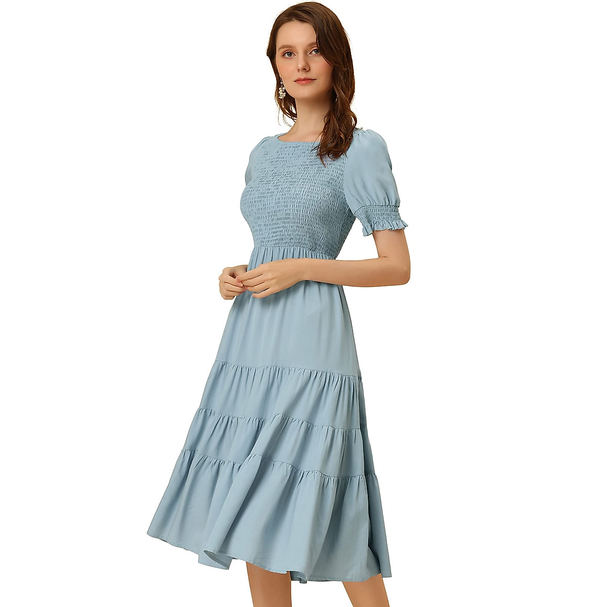 Allegra K Peasant Smocked Dress for Women's Short Sleeve Midi Summer Casual Tiered A-Line Dress Medium Blue