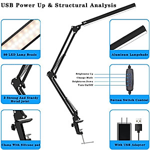 Glotrasol LED Desk Lamp with Clamp, Large Bright Desk Light, Swing Arm Eye Caring Table Lamp, Dimmable Foldable 360 Degree Spin USB Adapter Clip on for Home, Office Work, 3 Color Mode,10 Brightness
