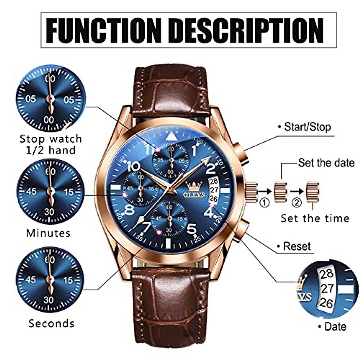 OLEVS Men's Wrist Watches, Waterproof Chronograph Quartz Sportes Men Watch for Father Husband Boyfriend Son Father's Day Gifts, Blue Dial, ROUND, Business