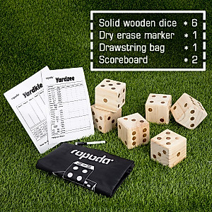 ropoda Giant Wooden Yard Dice,Outdoor Game Giant Dice Set Yard Game 3.5"-Includes 6 Dice, Scoreboard and Canvas Carrying Bag-Great Backyard and Lawn Game