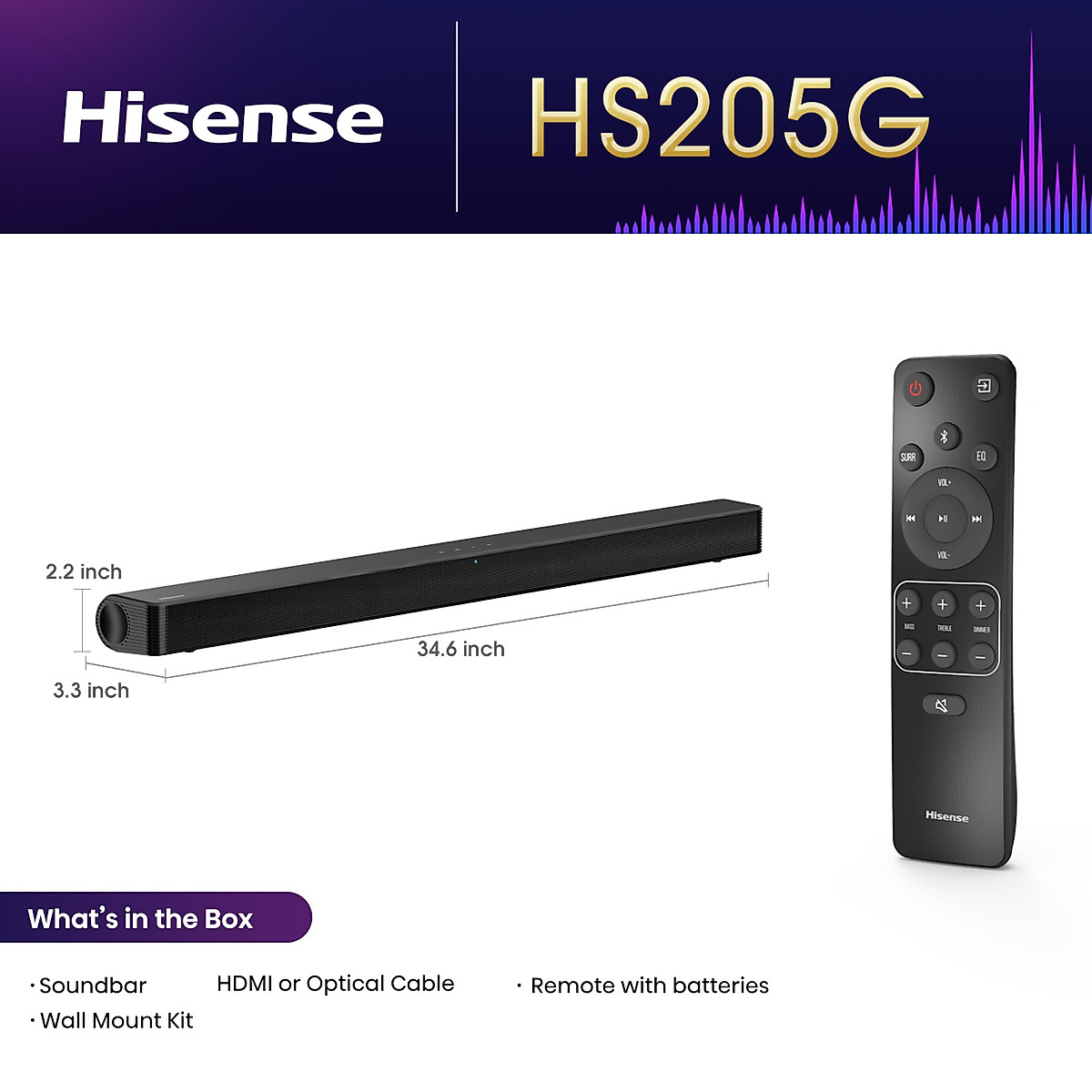 Hisense HS205G 2.0Ch Sound Bar, 120W, DTS Virtual: X, Dolby Audio, HDMI/ARC/Optical/USB, Bluetooth, Roku TV Ready, Black (HS205G, 2024 Model) (Renewed)