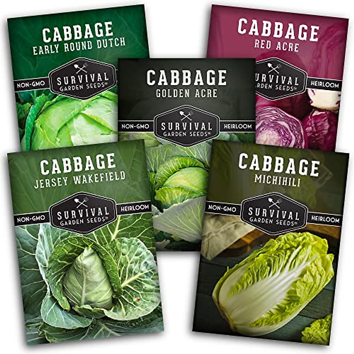 Survival Garden Seeds Cabbage Collection Seed Vault - 5 Non-GMO Heirloom Varieties - Red Acre, Golden Acres, Jersey Wakefield, Early Round Dutch & Michihili (Napa) - Plant & Grow Your Own Vegetables