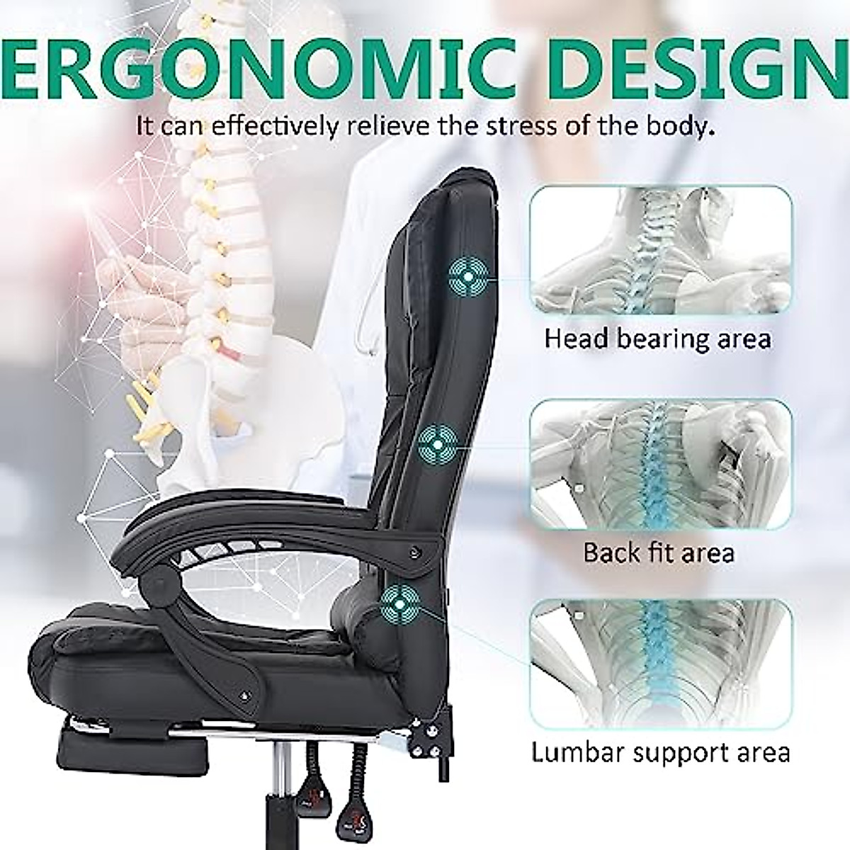 GIVENUSMYF Ergonomic Office Chair High Back with Lumbar Support and Footrest PU Leather Adjustable Swivel Reclining Executive Office Chair Black for Heavy People