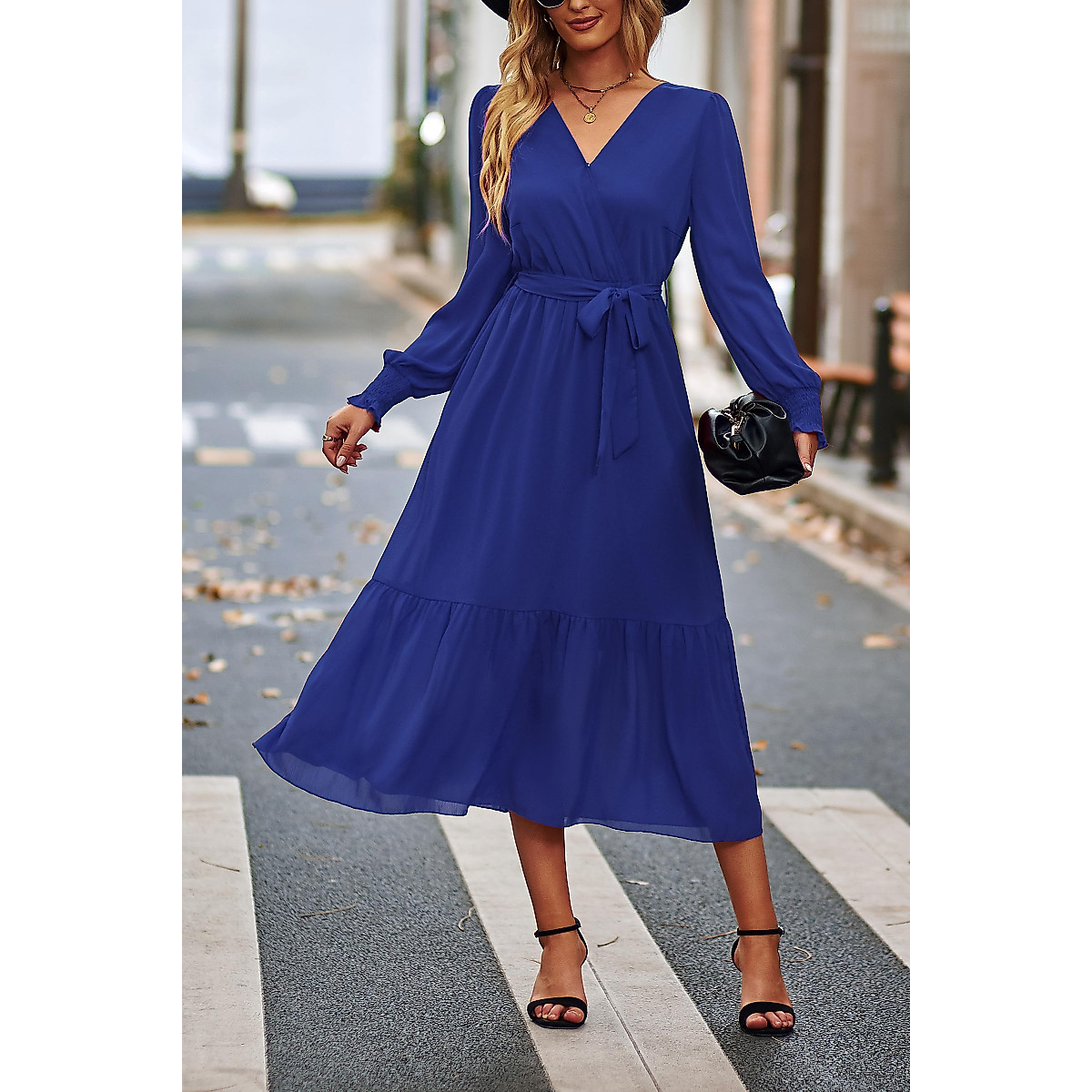 PRETTYGARDEN Women's Floral Print Boho Dress Long Sleeve Wrap V Neck Ruffle Belted A-Line Flowy Maxi Dresses (Solid Blue,Large)