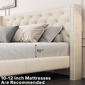 Lonkwa Full Size Bed Frame with Upholstered Wingback Headboard, Beige Platform Bed Frames with Tufted Diamond Button Headboard, Sturdy Wooden Slats, Noise-Free, Easy Assembly