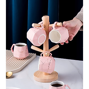 Jusalpha 7PC Deluxe Golden Marble Porcelain Coffee Mug Set with Wooden Mug Tree Holder, TCS28 (Pink)