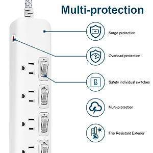 Power Strip Extension Cord 6 Ft, 6 Rotating Outlets & 4 USB Charging Ports, 1875W, 1020 J, Flat Plug Wall Mount Surge Protector Strips for Home, Office, White