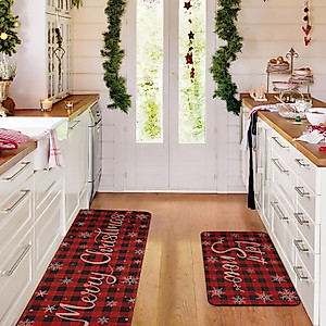 Alishomtll Christmas Kitchen Mats for Floor 2 Pieces, Non Slip Absorbent Kitchen Rugs Washable for Christmas Decor, Red Checkered Christmas Door Mat and Rug, 17''x47''+17''x29''