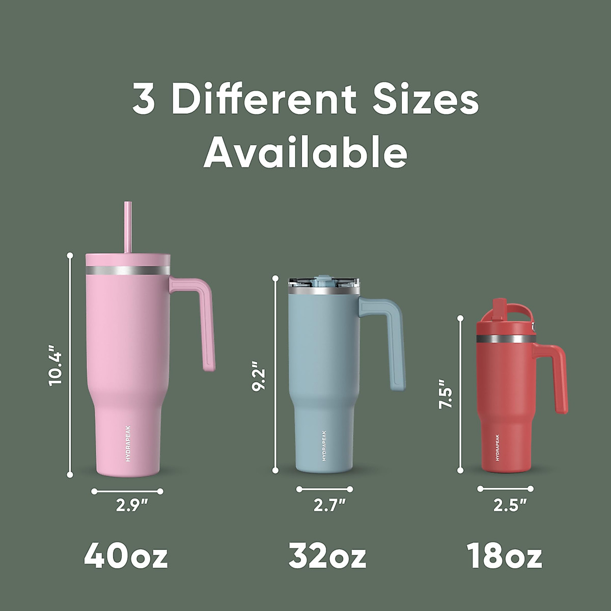 Hydrapeak Voyager 40 Oz Stainless Steel Tumbler with Handle, Insulated Water Bottle With Straw & Lid, Cupholder Friendly Reusable Travel Mug (Sage Leaf)