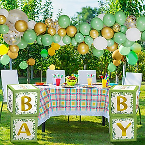 Sage Green Baby Shower Decorations, 4Pcs Neutral Baby Shower Boxes with 92pcs Balloons, Woodland Jungle Theme Baby Shower Decoration Backdrop for Baby Boy Girl Birthday Gender Reveal Party Supplies