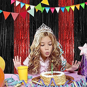 Black Red Fringe Curtain Party Streamers 2Pack 3.3x8.3 Ft Foil Fringe Backdrop Curtains for Birthday Wedding Bridal Baby Shower Holiday Tinsel Streamers Black Party Decorations Door Streamers
