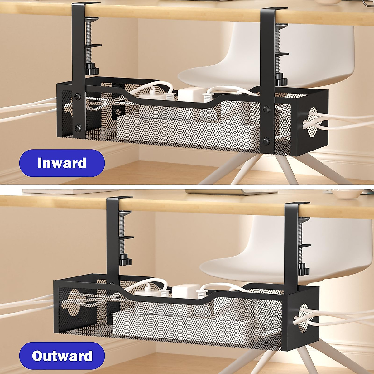 Punmoy Under Desk Cable Management Tray 15.7", Extra Large Cable Management Under Desk No Drill, Cord Organizer for Desk with Adjustable Clamps, Desk Cable Management for Home Office, Black
