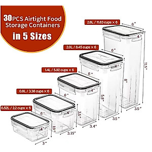 30 Pack Airtight Food Storage Containers for Kitchen Pantry Organization and Storage, BPA-Free, PRAKI Plastic Storage Canisters with Lids - Cereal, Flour and Sugar, Include 40 Labels, 6 Spoon & Marker