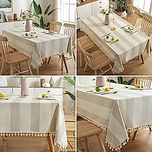 AmHoo Stitching Tassel Tablecloth Striped Table Cloth Rectangle Cotton Linen Dust-Proof Table Cover for Kitchen Dinning 54 x 70 Inch Beige