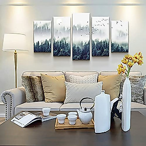 Canvas Wall Art For Living Room Wall Decorations For Bedroom Modern Office Wall Decor Foggy Forest Trees Landscape Painting Stretched And Framed Ready To Pictures Home Decor 5 Piece Set W40” x H20”