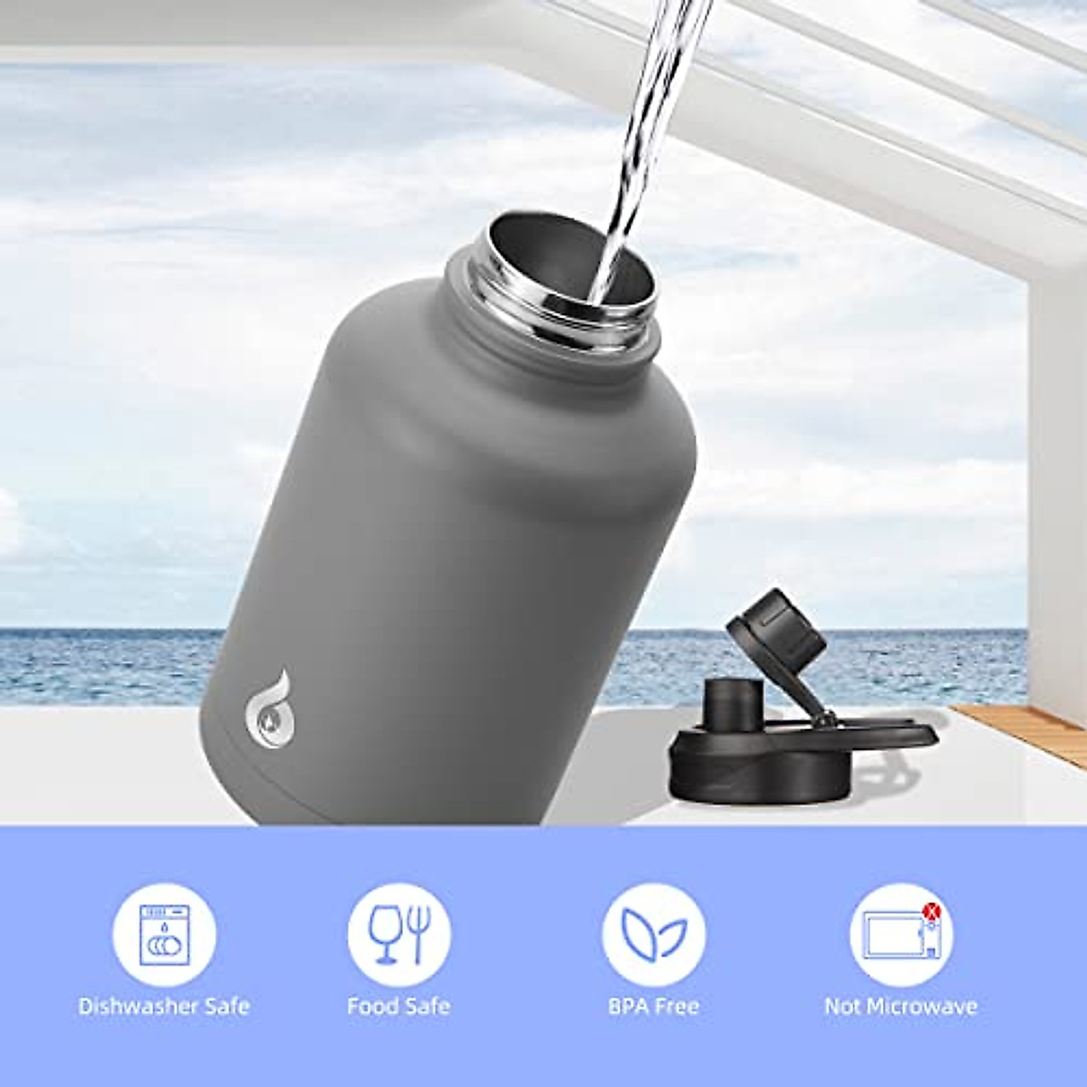 BJPKPK Insulated Water Bottles with Straw Lid,50oz Large Water Bottle,Stainless Steel Vacuum Water Bottle,Hot & Cold Insulated Water Bottles with 3 Lids and Paracord Handle,Gray