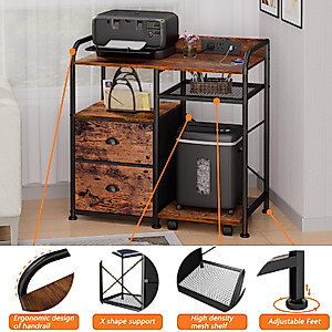 Furologee Printer Stand with Power Outlet, Lateral File Cabinet with 2 Large Drawers, Shredder Shelf Stand with Wheels & 4 Tiers Open Shelves for Office, Home, Living Room, Rustic Brown
