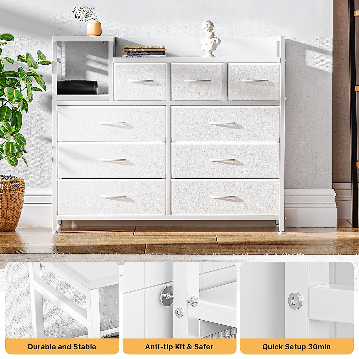 GAOMON Dresser TV Stand with Power Outlet, Bedroom Dresser with 9 Drawers, Chest of Drawers for Living Room, Hallway(White)