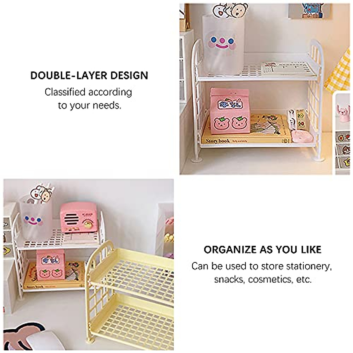 QUMENEY Desktop Rack Cosmetic Stationery Storage Holder, 2-Tier Multifunctional Plastic Shelf Makeup Organizer for Skincare Office Kitchen Bedroom Bathroom Home (Pink)