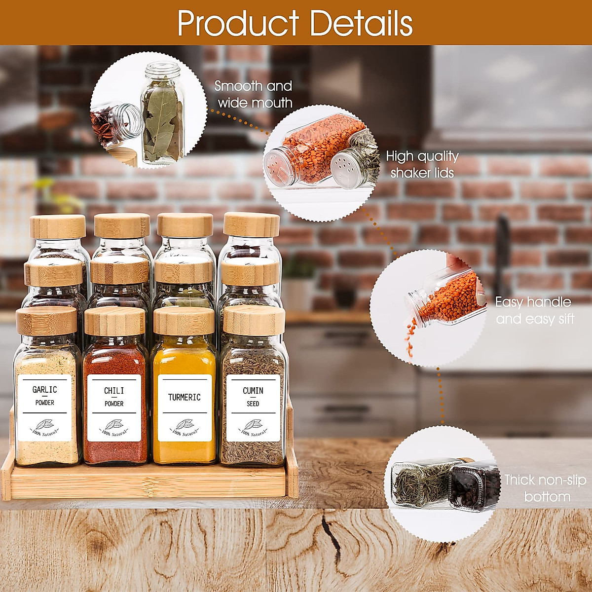 24 Pcs Glass Spice Jars with Airtight Bamboo Lids, 6oz 180ml Empty Square Seasoning Bottles Containers with Shaker Lids, Labels, Measuring Spoon& Silicone Funnel Good for Spice Rack Cabinet Drawer