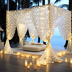 White Sheer Tulle Backdrop Curtains with Lights String for Party Wedding Wrinkle Free Curtain Backdrops Drapes for Baby Shower Birthday Party Photo Back Drop Background Home Decorations 10ft x 8ft