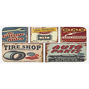 Lunarable 1950s Kitchen Mat, Vintage Car Signs Automobile Advertising Repair Vehicle Garage Classics Servicing, Plush Decorative Kitchen Mat with Non Slip Backing, 47" X 19", Burgundy