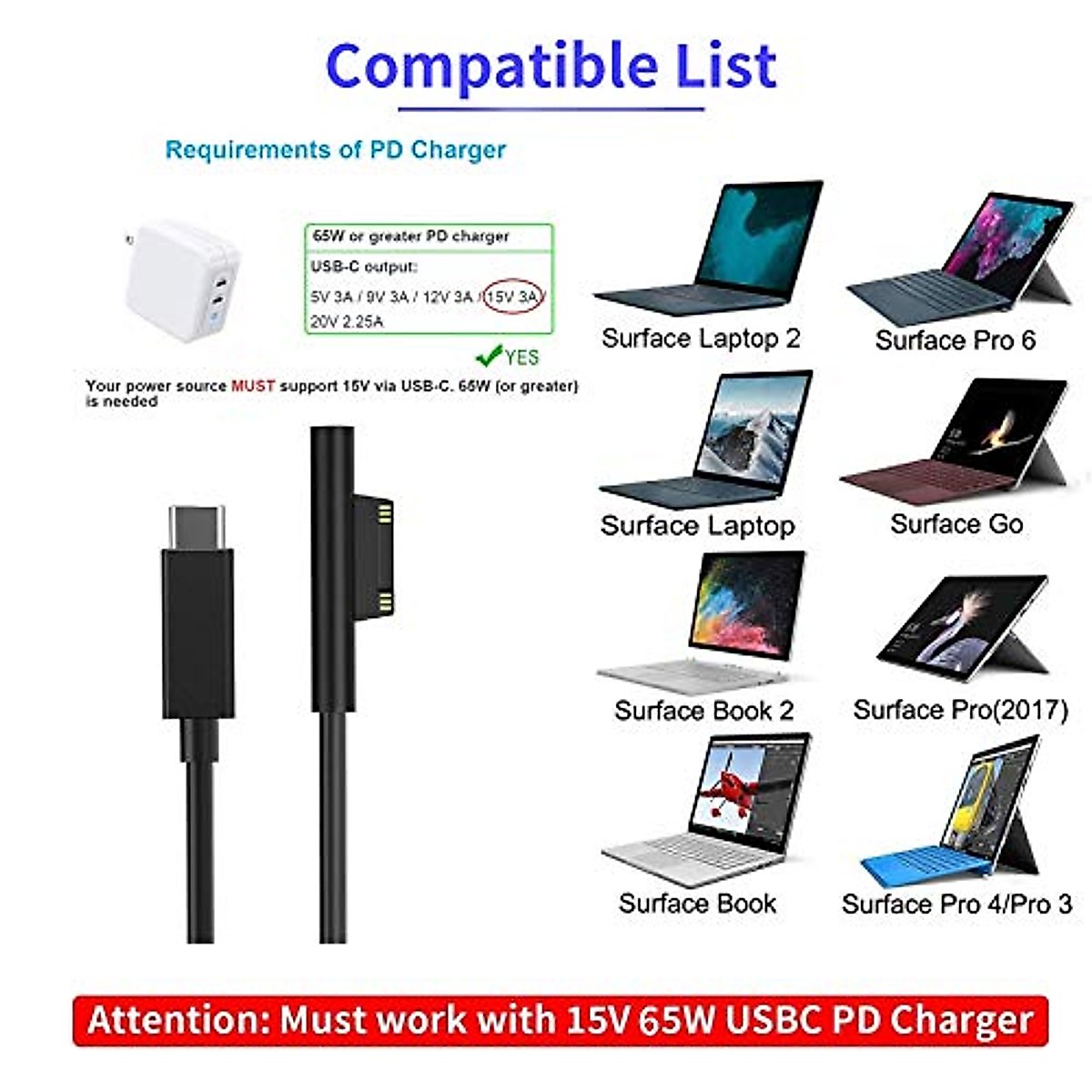 USECL Surface Connect to 65W USB-C Charging Cable Compatible with Microsoft Surface Go. Pro 7/6/ 5/4/ 3, Surface Book1/2,Surface Laptop1/2, Male USB-C Connector Black Cord 1.8Mtr(5.9FT). (Male)