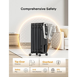 PELONIS Radiator Heater for indoor use Large Room with Remote, Thermostat & LED Display, Quiet Oil Filled Heater with 5 Temperature Settings, Overheat & Tip-Over Protection, Silver