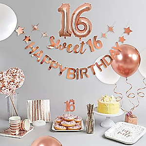 Rose Gold Sweet 16 Happy Birthday Banner Garland for Sweet 16 Decorations Hanging Sweet 16 Signs Foil Balloon 16 for Girls 16th Happy Birthday Party Banner for Sweet Sixteen Party Decor Supplies