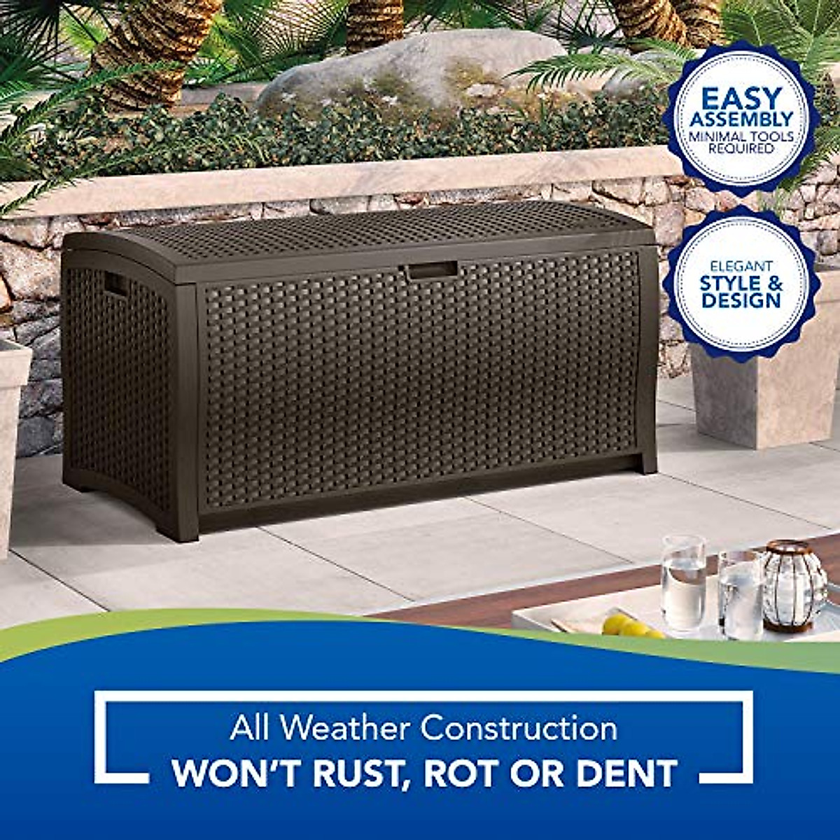 Suncast 99 Gallon Resin Wicker Patio Outdoor Storage Container for Toys, Furniture Deck box, Mocha & Suncast 22 Gallon Small Resin Storage Seat, Java, SSW600J