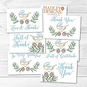 24 Blue Carriage Baby Shower Thank You Cards With Envelopes, Boy Sprinkle Thank-You Note, 4x6 Gratitude Card Gift For Guest Pack, Gender Reveal DIY So Grateful Greenery Vintage Varied Event Stationery