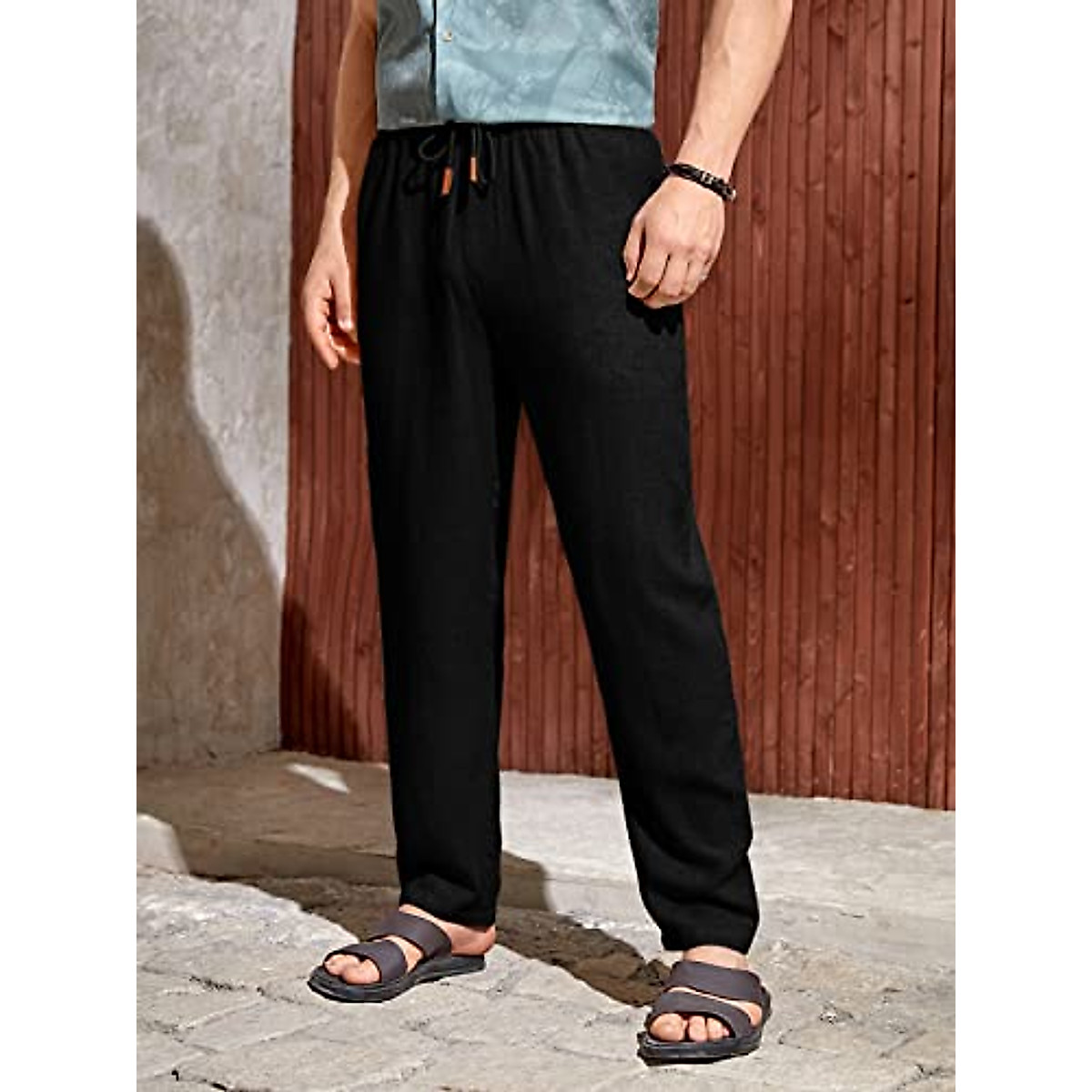 Mens Drawstring Linen Pants Relaxed Fit Elastic Waist Casual Pants Lightweight Yoga Beach Trousers Black