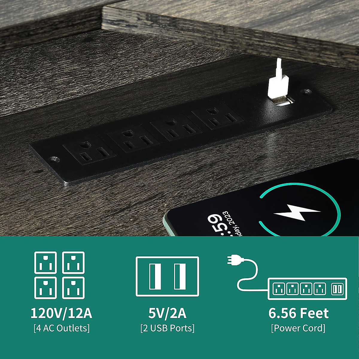 DWVO L Shaped Desk with Drawers, 60" Corner Computer Desk with Power Outlets & Lift Top, Home Office Desk with Storage Cabinet & LED Lights, Wood Desk, Height Adjustable Desk, Grey