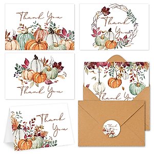 Whaline 30 Pack Fall Thank You Cards Bulk Watercolor Autumn Leaves Pumpkin Thank You Note Cards with Kraft Envelopes Stickers for Wedding Thanksgiving Harvest