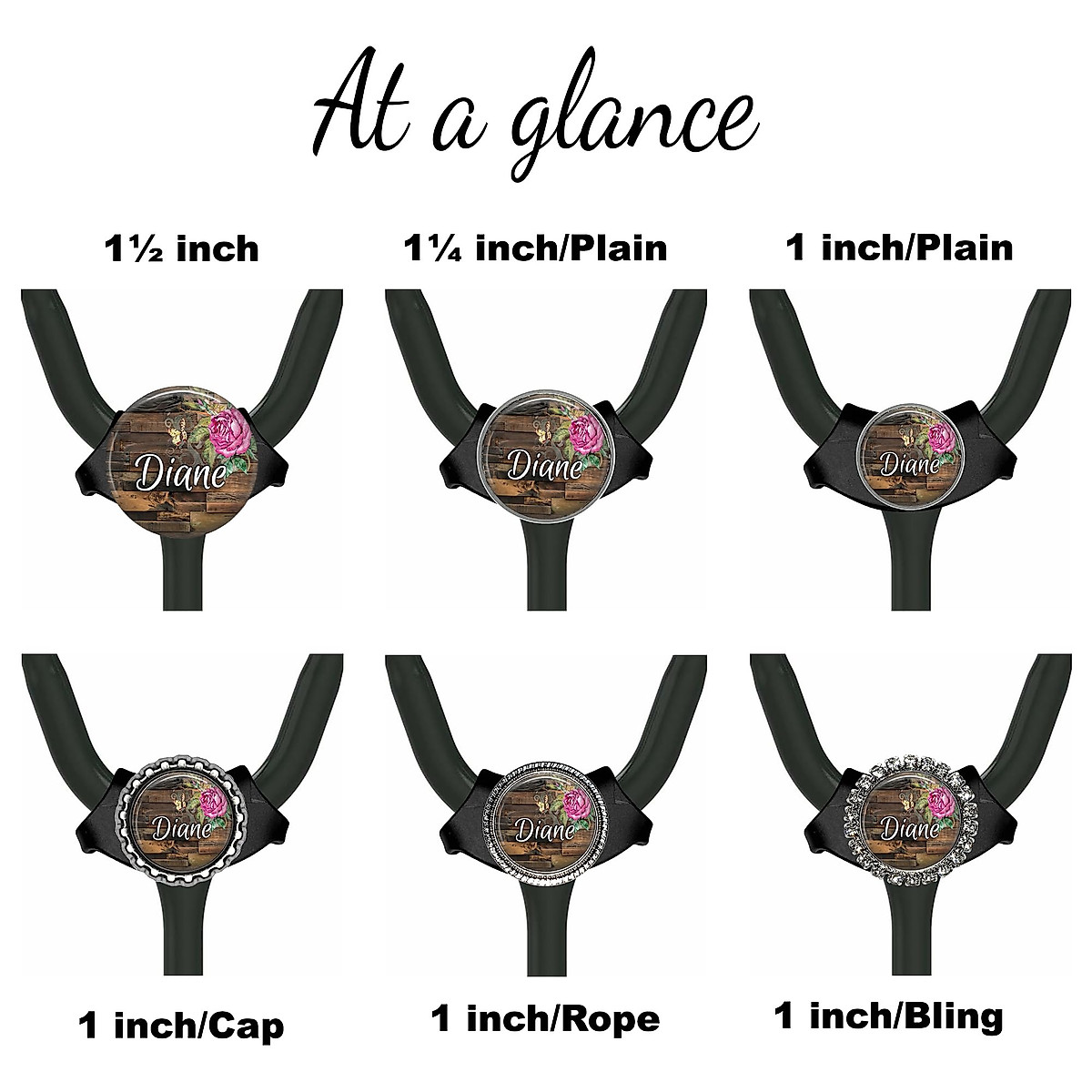 Wood Floral Adjustable Stethoscope ID Name Tag - Choose Tag Style and Color, Custom Fonts, Design Size and Decorative Frame - Hospital Nurse Identification