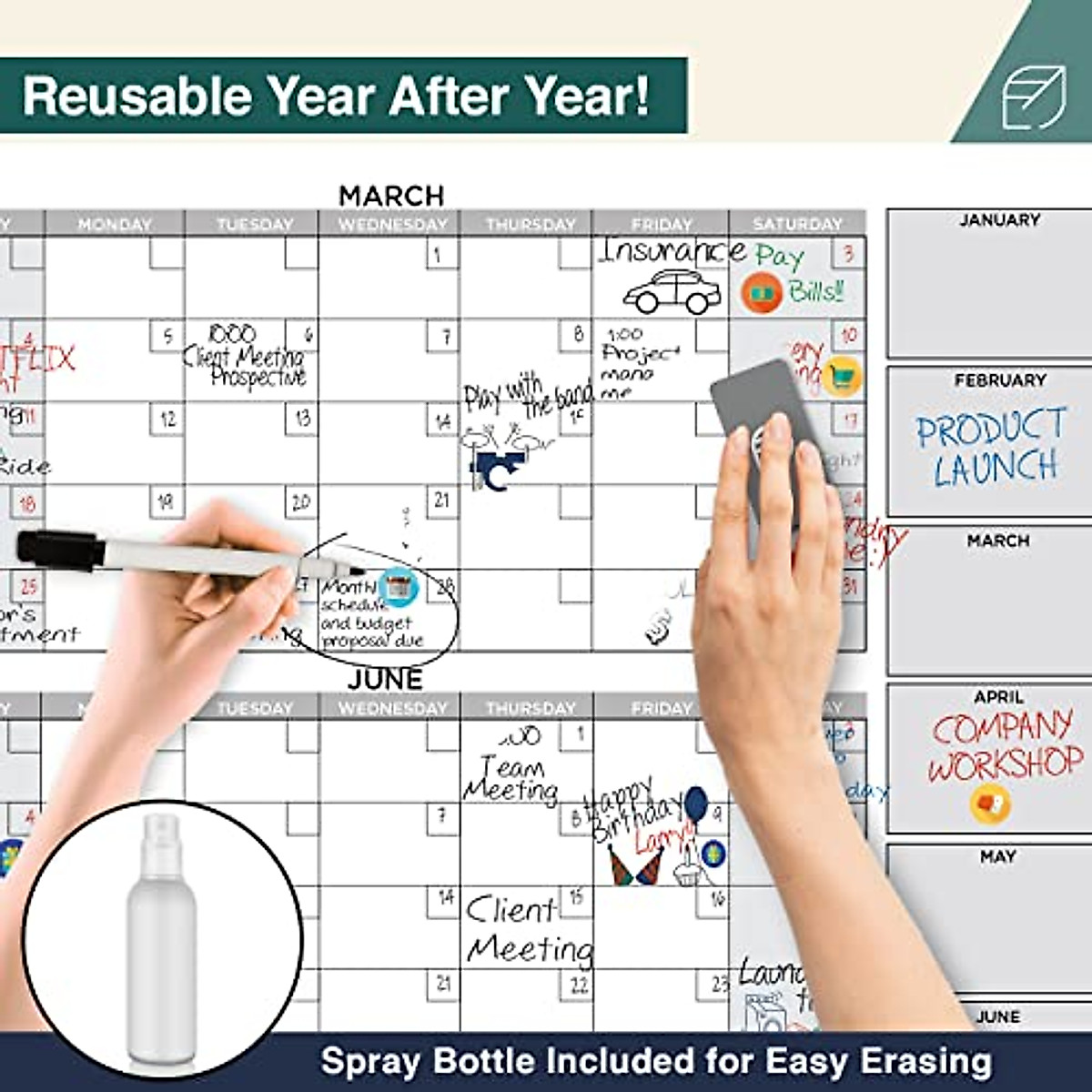 Large Dry Erase Wall Calendar - 38" x 58" - Premium Undated Blank 2023 Reusable Yearly Calendar - Giant Whiteboard Year Poster - Laminated Jumbo Annual Office 12 Month Calendar
