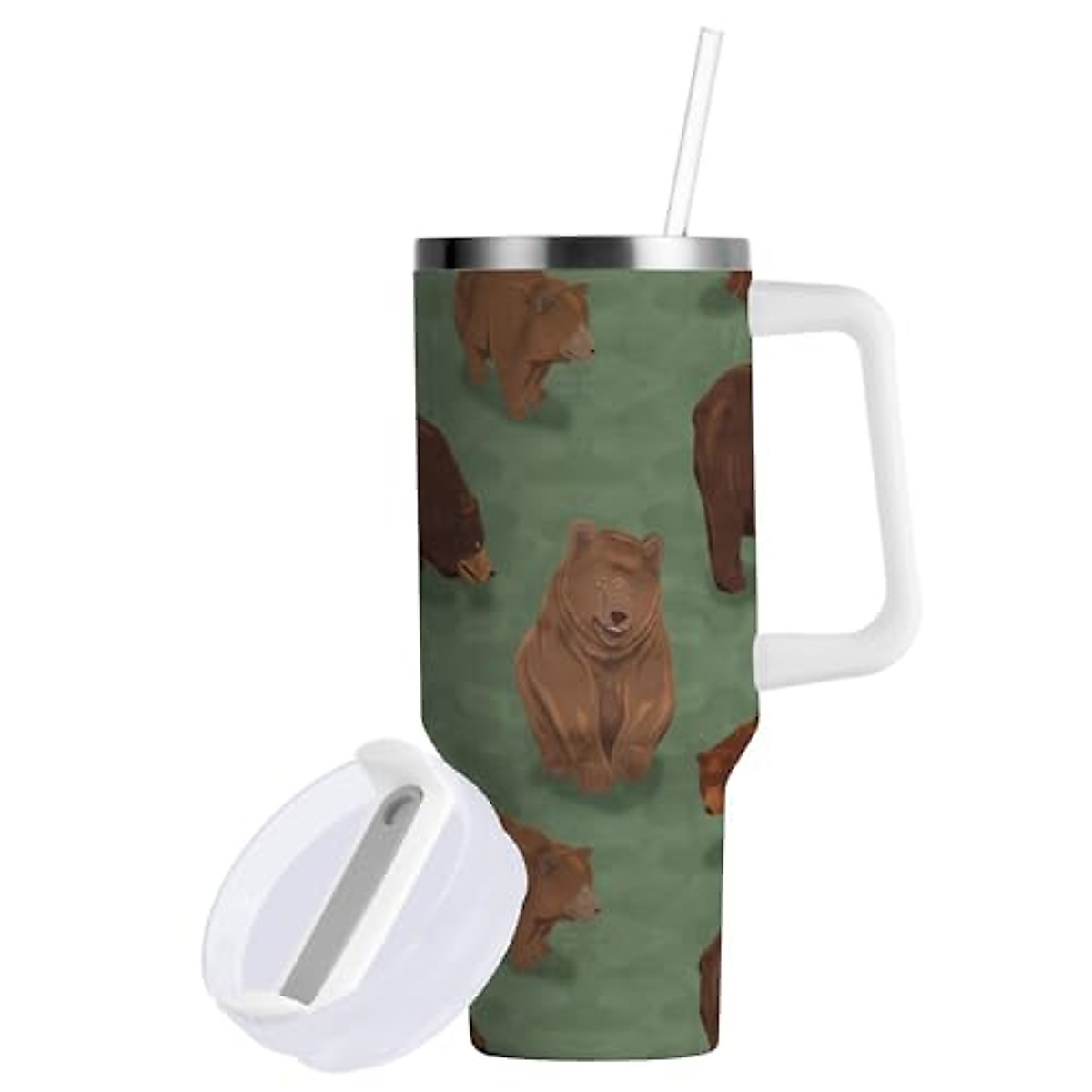 DIGTIA Stainless Steel Insulated Tumbler w/Handle & Straw, Brown Bears Double Wall Vacuum Travel Coffee Mug Cup w/Lid, Leak-Proof Sports Cartoon Water Bottle,30oz